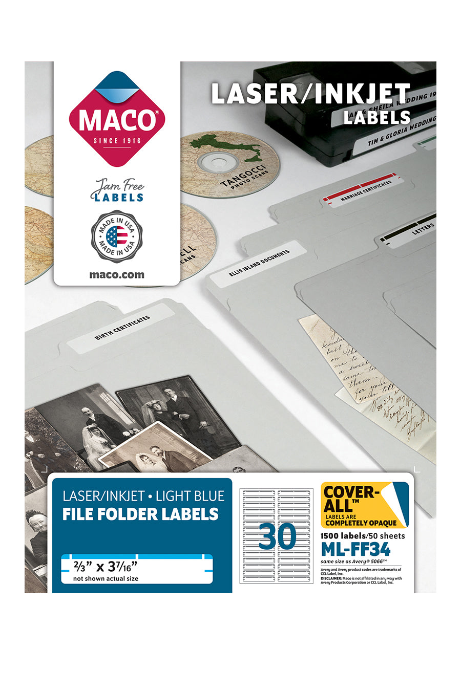 Laser/Ink Jet Light Blue File Folder Labels, 2/3" x 3-7/16", 30/Sheet ...