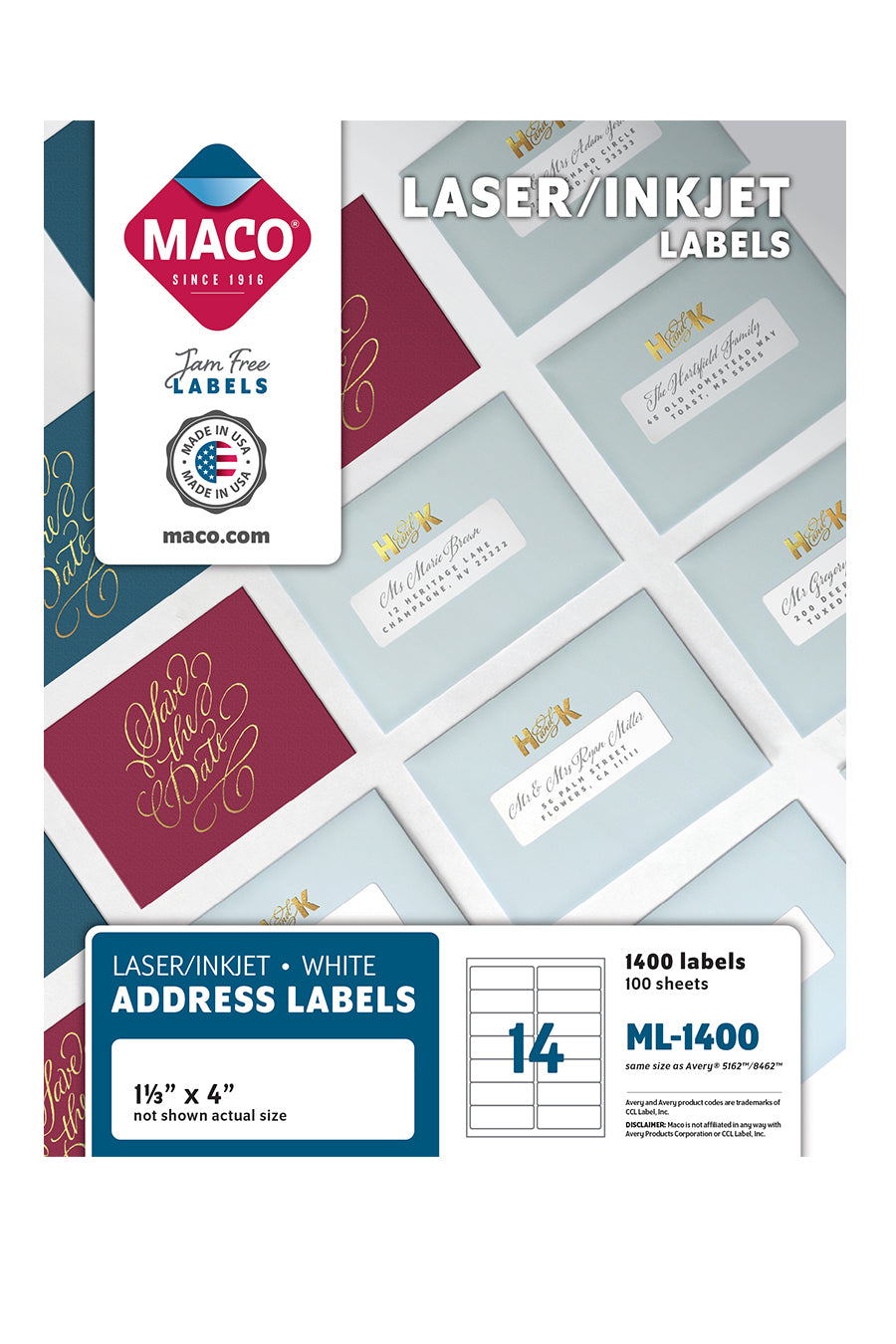 Laser/Ink Jet White Address Labels, 1-1/3" x 4", 14/Sheet, 1400 Labels ...