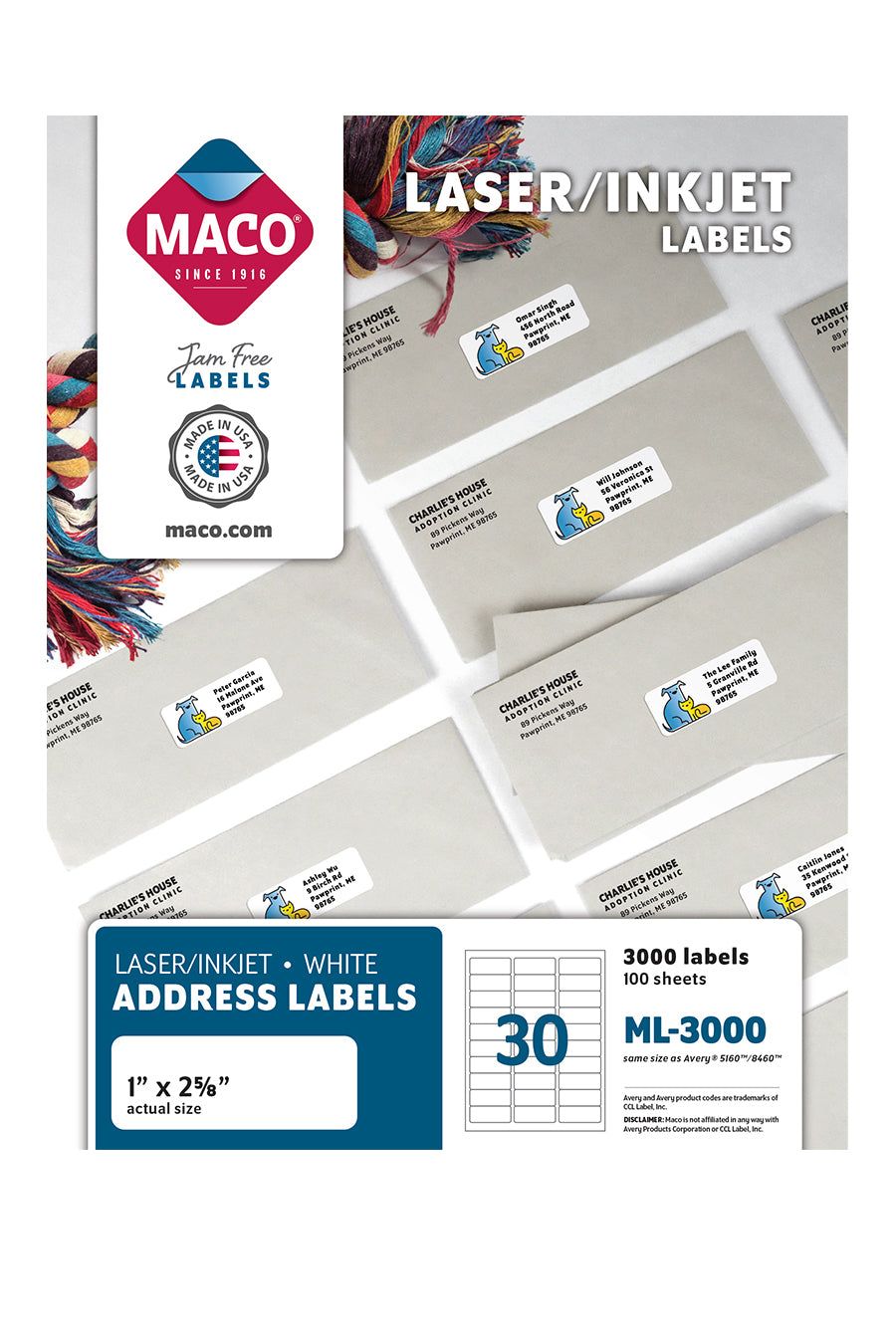 Laser/Ink Jet White Address Labels, 1" x 2-5/8", 30/Sheet, 3000 Labels ...