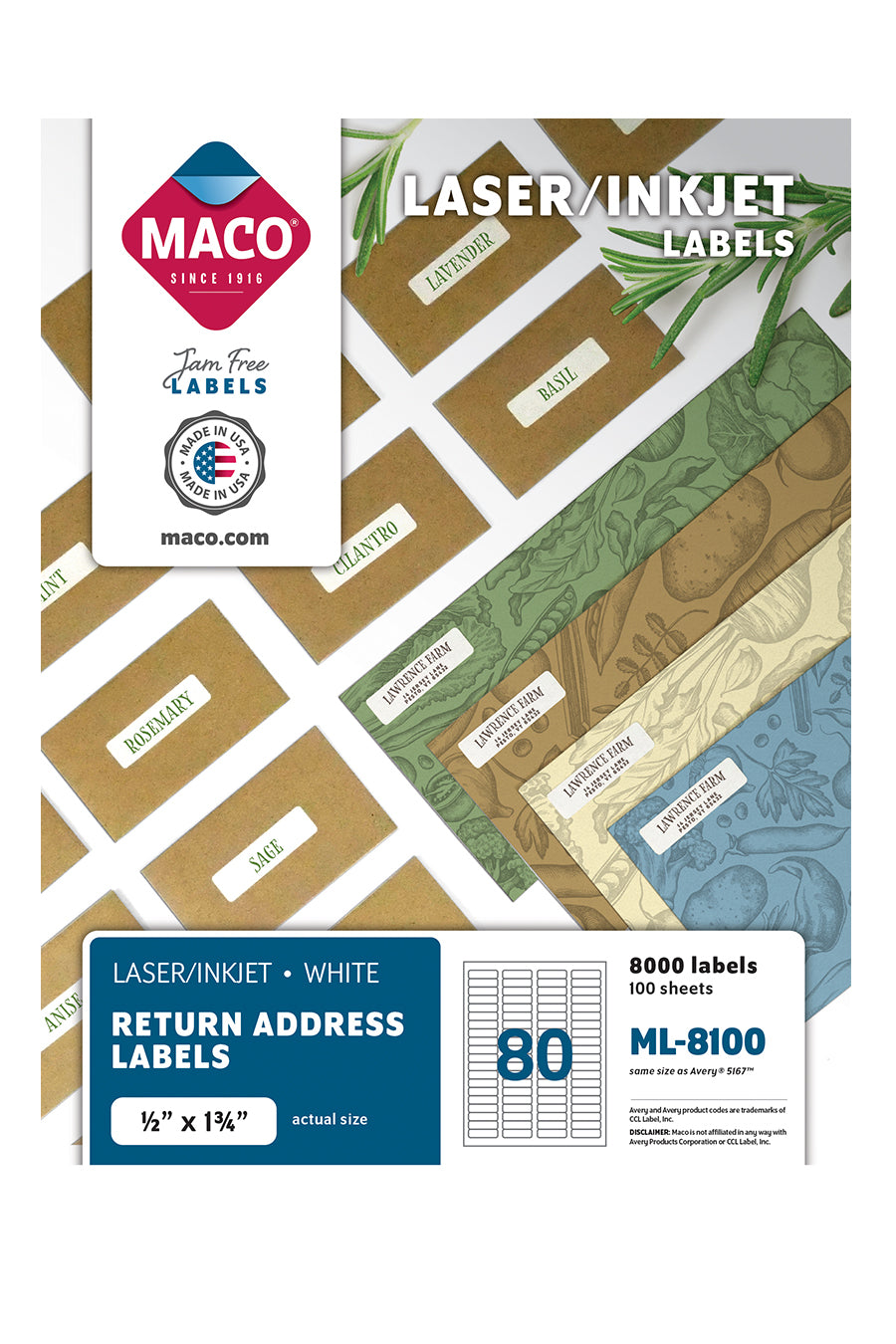 Laser/Ink Jet White Return Address Labels, 1/2" x 1-3/4", 80/Sheet, 80 ...