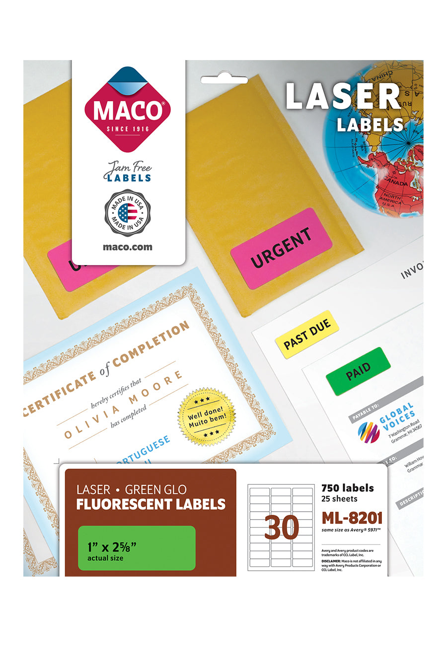 Laser Green Neon Labels, 1" x 2-5/8", 30/Sheet, 750 Labels/Pk ...