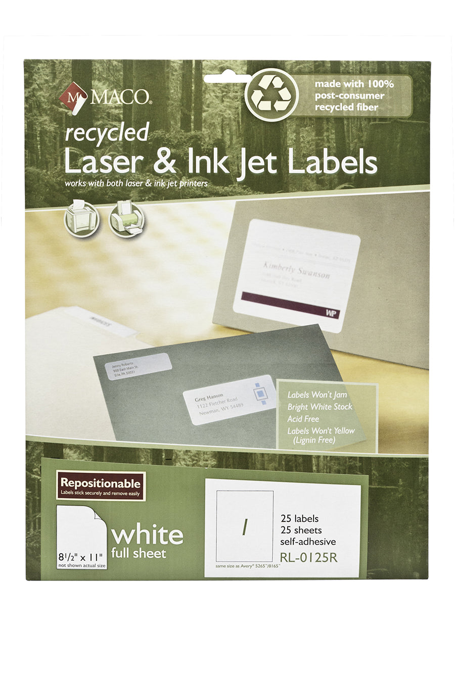 Laser/Ink Jet Recycled White Full-Sheet Labels w/ Repositionable Adhes ...